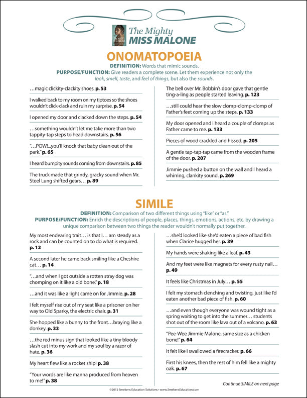 Figurative Language Findings: The Mighty Miss Malone – The Literacy Store